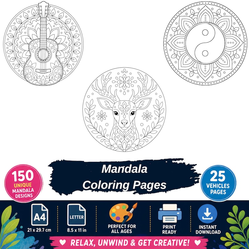150 Mandala Coloring Pages Printable, Adult Coloring Book PDF, Animal ...