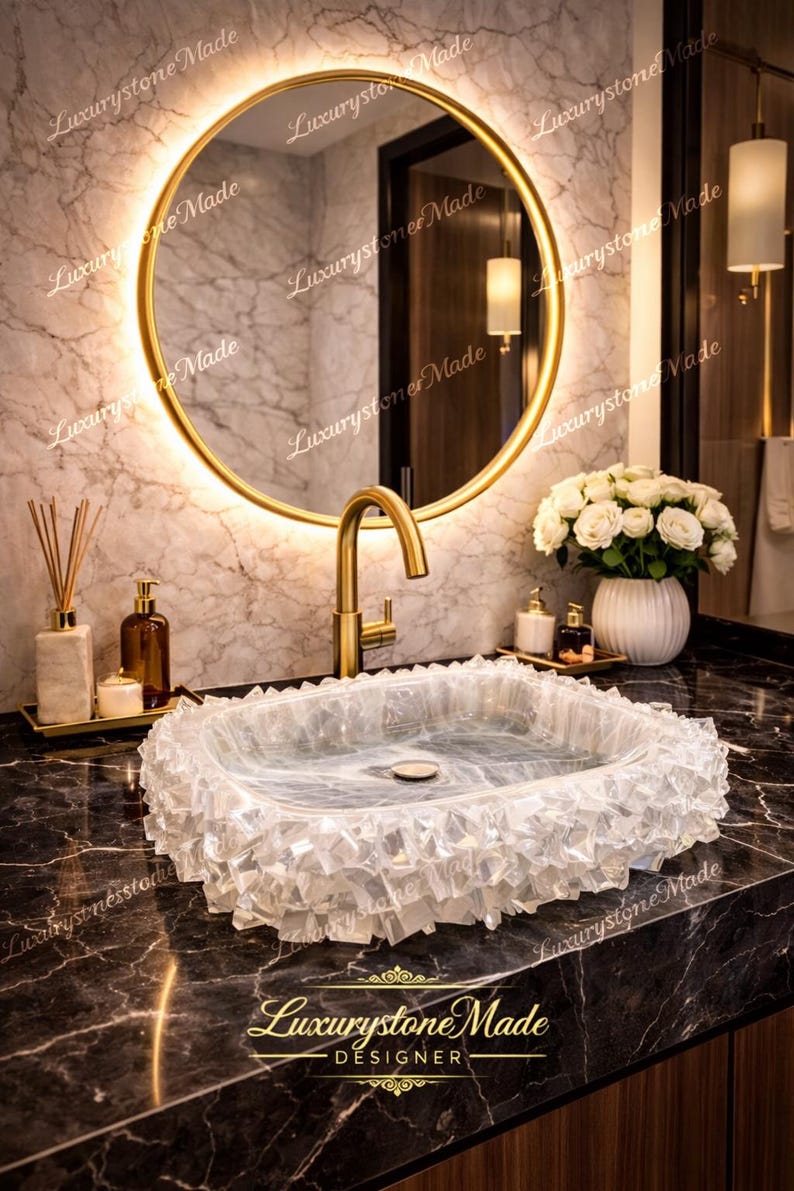 Luxury Crystal Stone Vessel Sink Handmade Translucent Basin Raw Edge ...