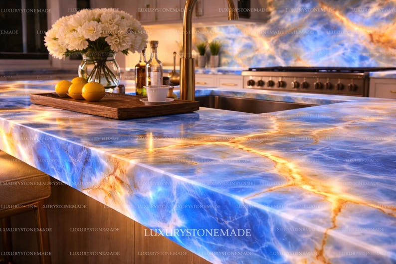 Blue Onyx Kitchen Island Top Custom Natural Exotic Gemstone Countertop ...