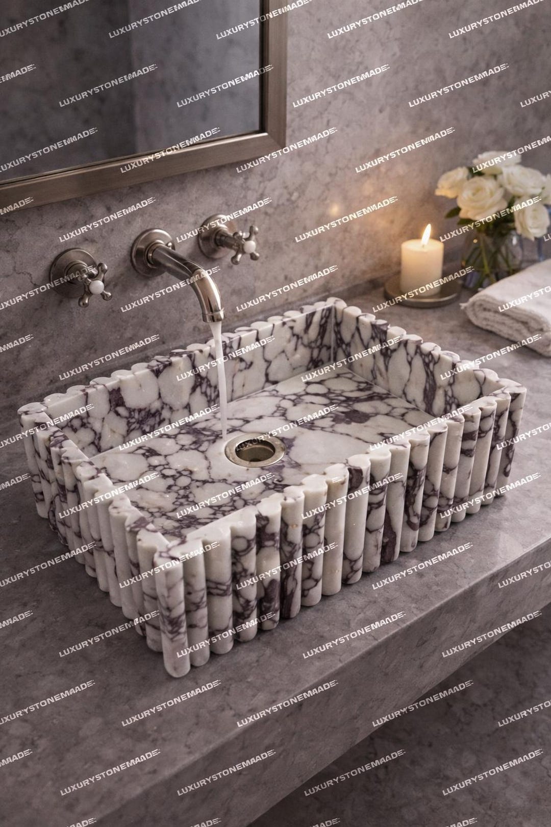 Calacatta Viola Marble Vessel Sink Fluted Rectangular Purple White ...