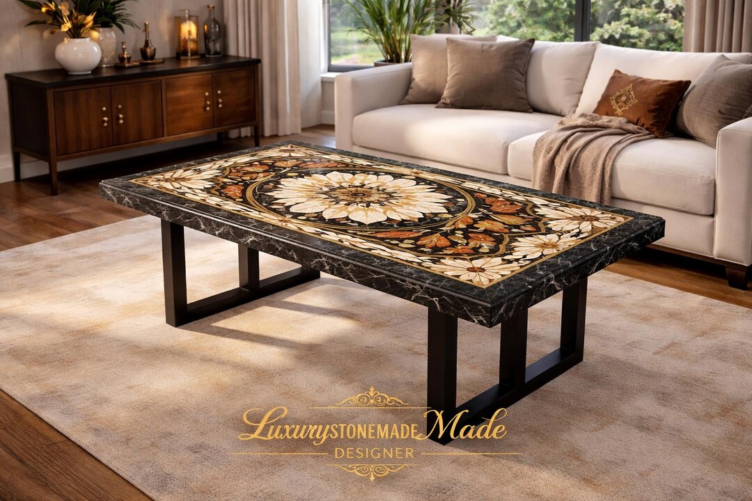 Luxury Black Italian Marble Coffee Table Pietra Dura Inlay Handmade ...