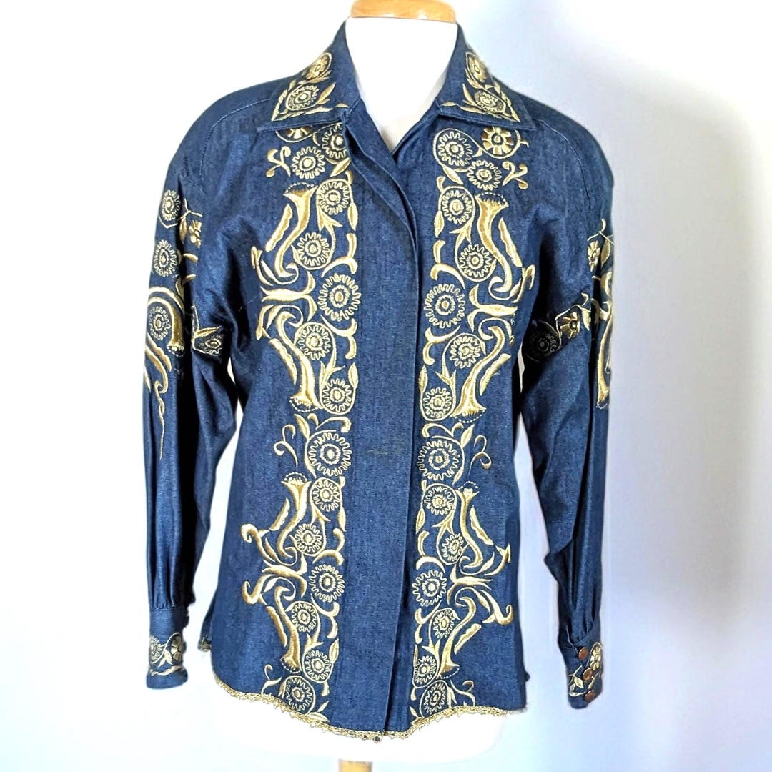 1980s Adam Douglass Adrianna Papell Denim Shirt | Gold Baroque ...