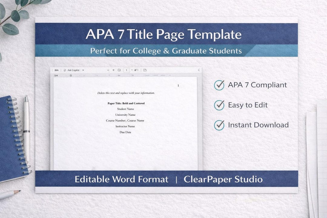 APA 7 Title Page Template | Editable Word Format | College Paper ...