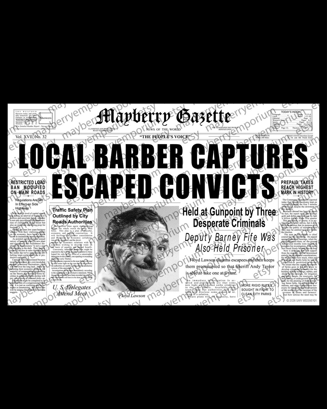 Andy Griffith Show Mayberry Gazette Set 2 – Prop Newspaper Replica ...