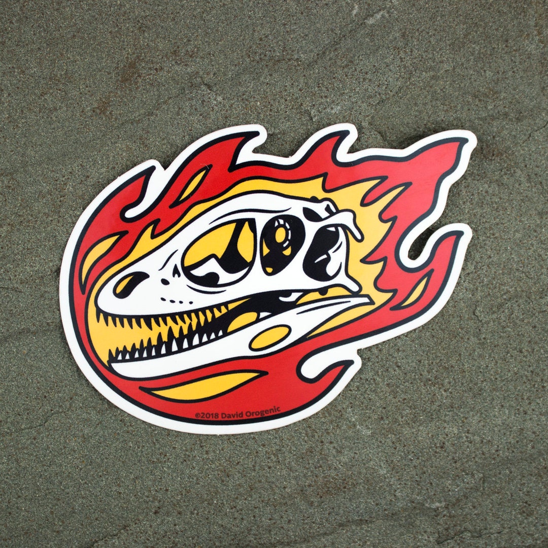 Deinonychus Flaming Dinosaur Skull Sticker | Raptor Laptop Sticker ...
