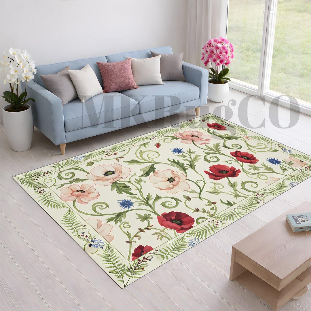 Vintage Design Poppy Pattern Carpet With Fern Border, Floral Area Rug ...