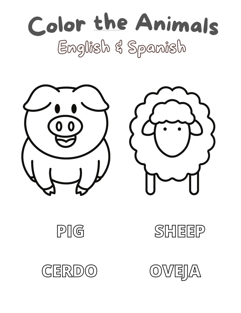 English-spanish Animal Coloring Pages for Toddlers (digital Download ...