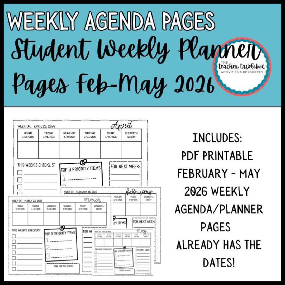 Student Weekly Planner Pages | February–may 2026 | Dated Printable ...