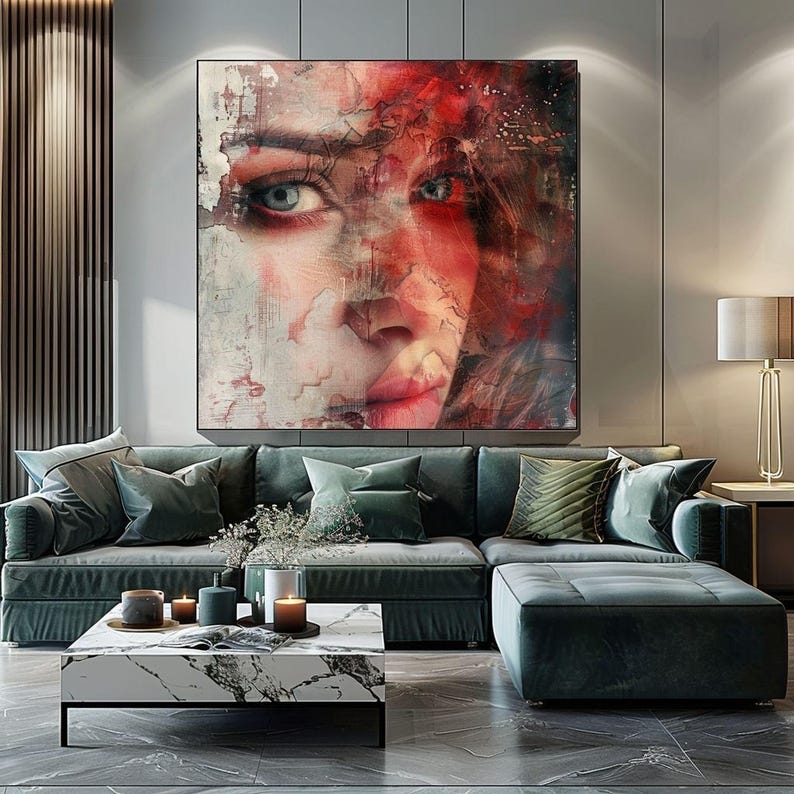 Impressão em tela com rosto abstrato de mulher, retrato moderno em ...