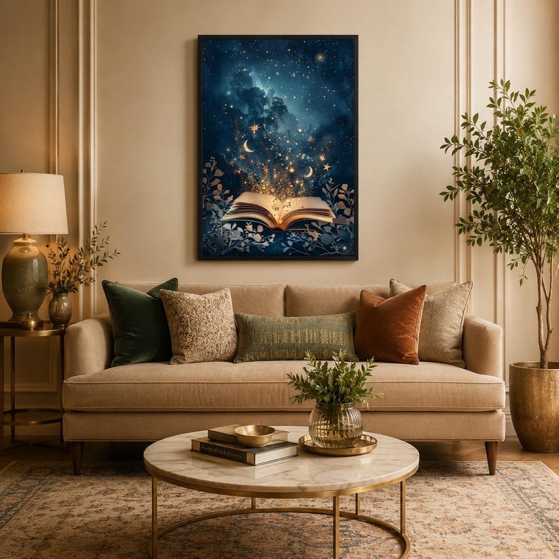 Quadro de parede com livro aberto, tela com céu estrelado azul ...