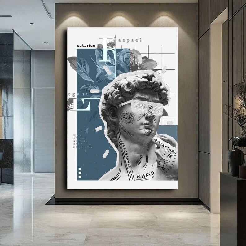 David Statue Canvas Print, Blue Grey Graphic Art, Modern Classical ...