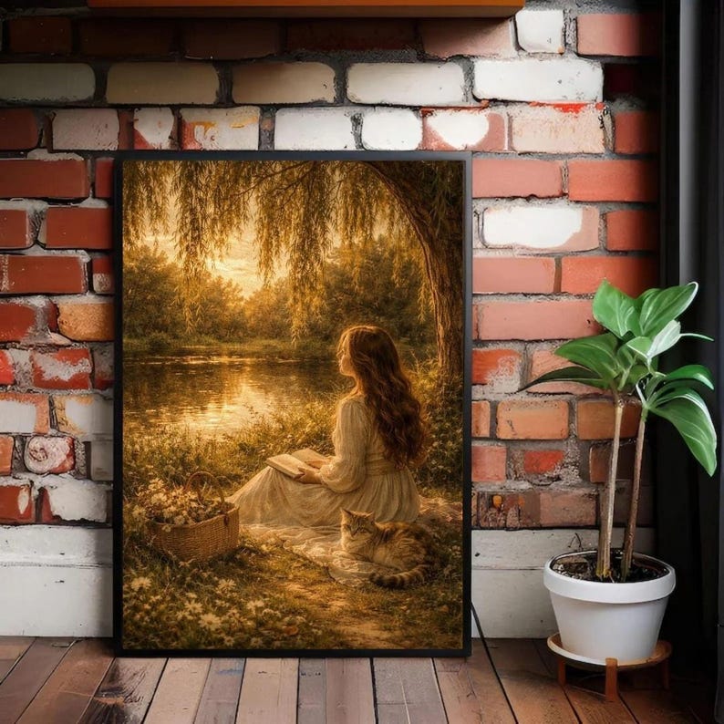 Cottagecore Woman Reading Canvas Art, Golden Lakeside Scene With Cat ...