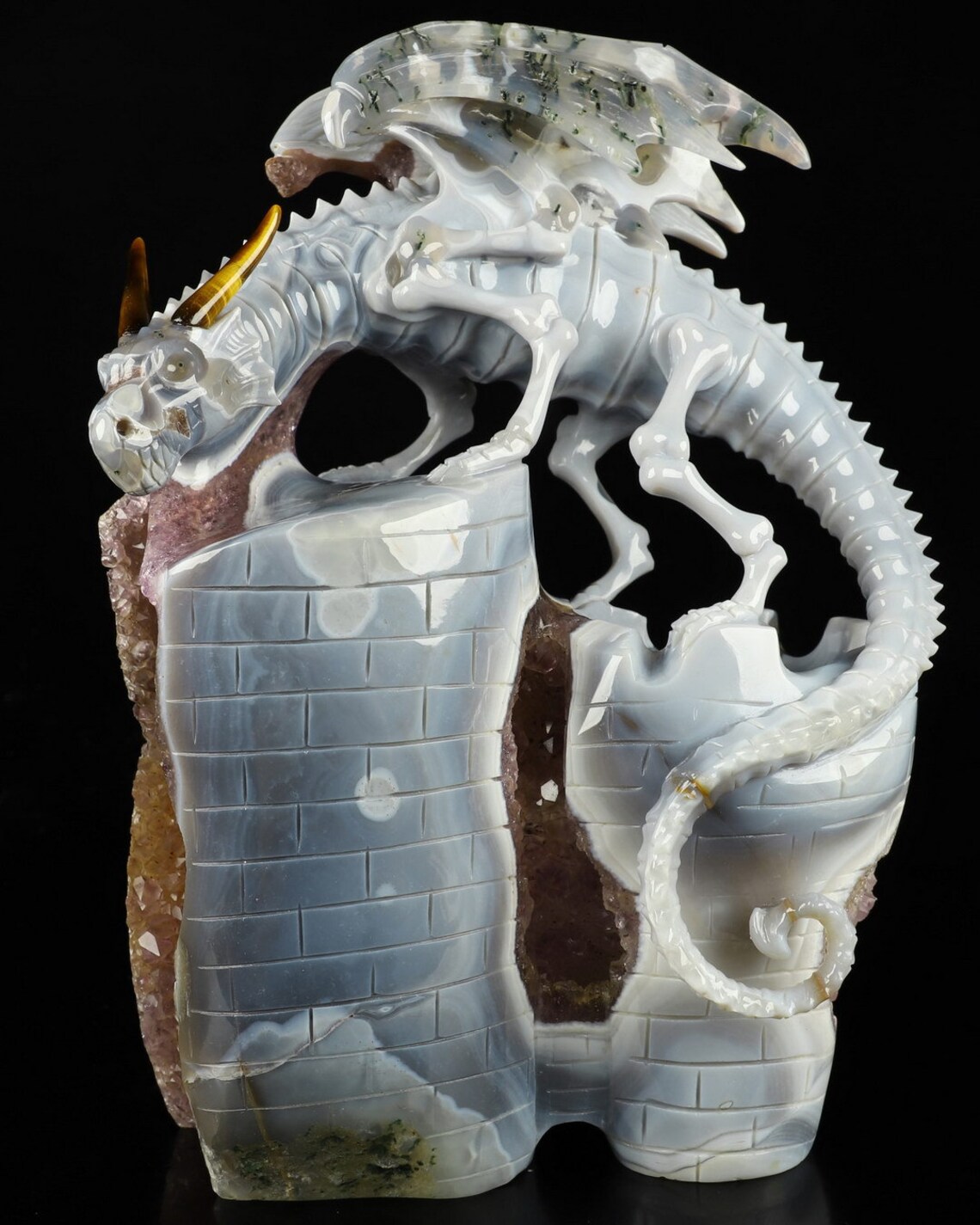 7.9" Agate Amethyst Geode Carved Crystal Western Dragon & Castle ...