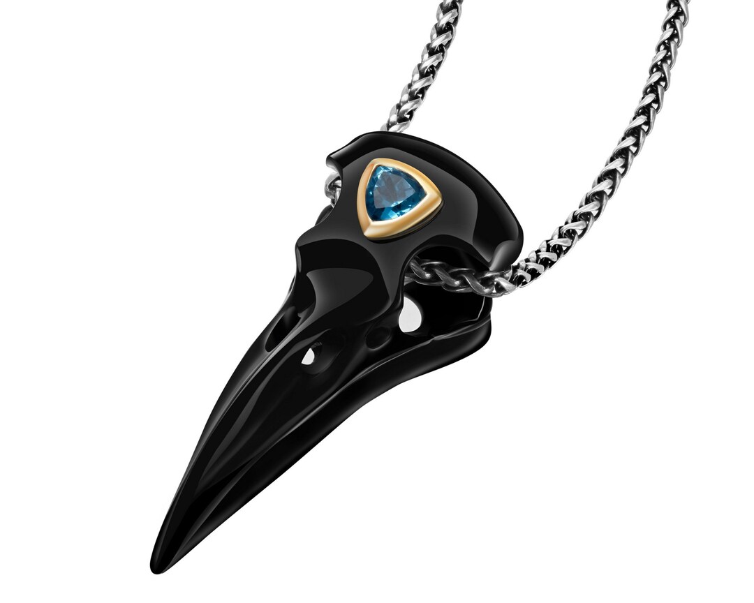 Necklace of Black Obsidian Carved Crystal Raven Skull Pendant With Blue ...