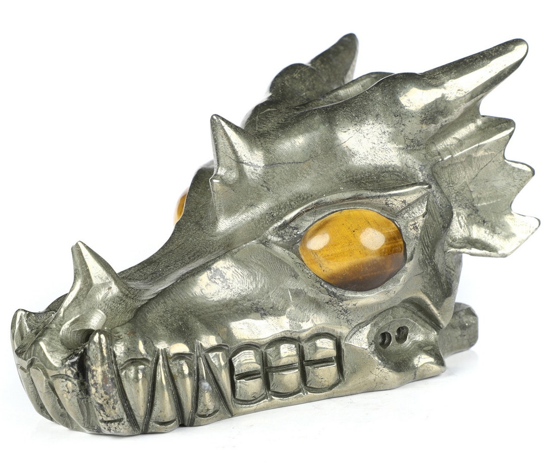 Skullis Crystal Skull, 5.1" Pyrite Hand Carved Crystal Dragon Skull ...
