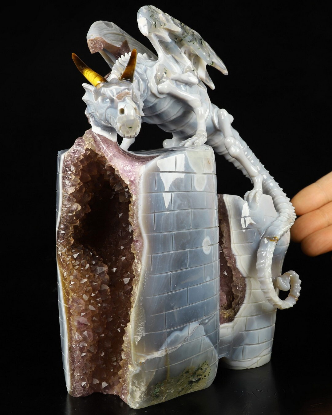 7.9" Agate Amethyst Geode Carved Crystal Western Dragon & Castle ...