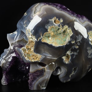 Skullis Crystal Skull, 8.8" Agate Amethyst Geode Hand Carved Gemstone ...