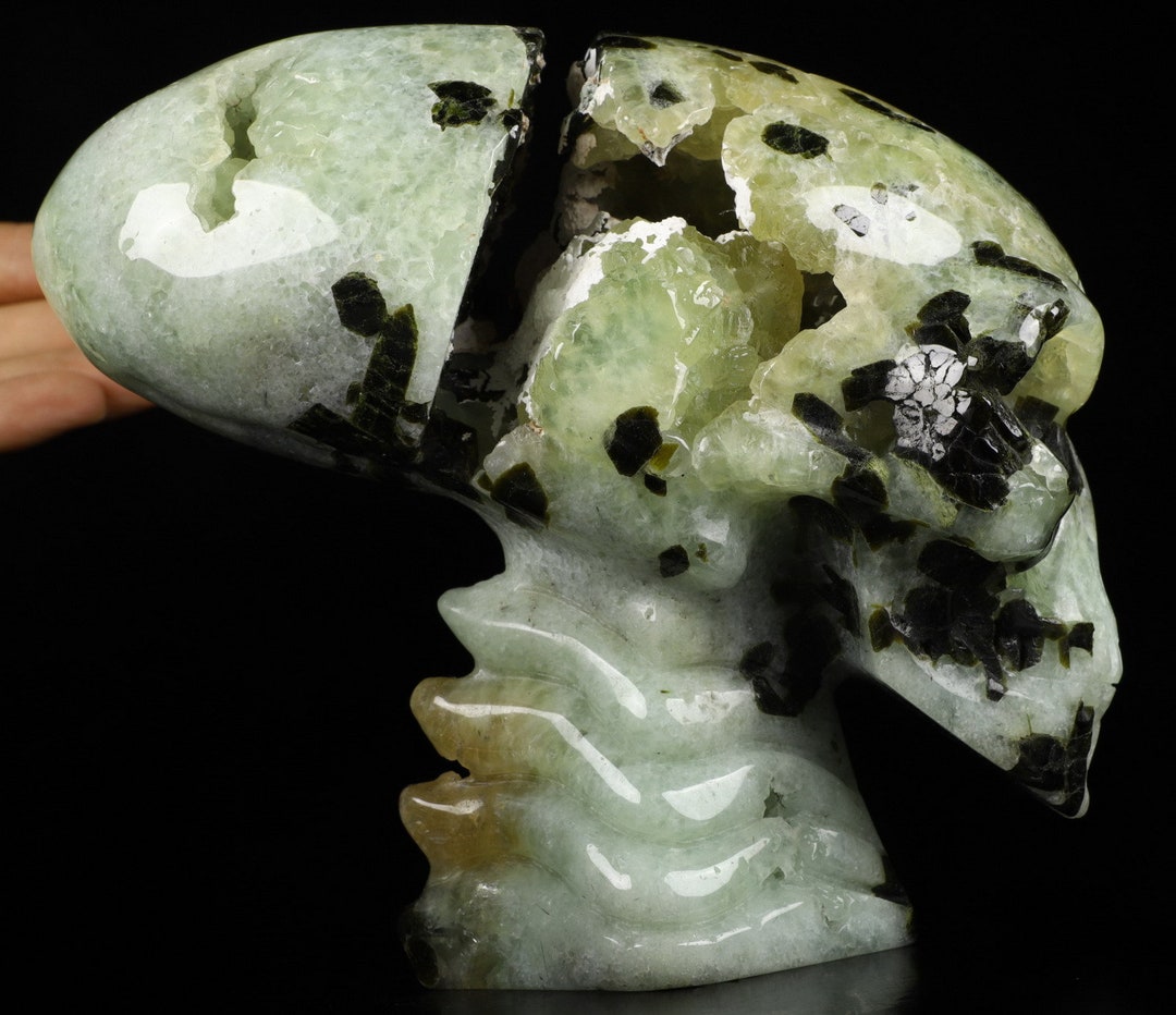 Skullis Crystal Skull, 6.4" Prehnite Carved Crystal Elongated Mayan ...