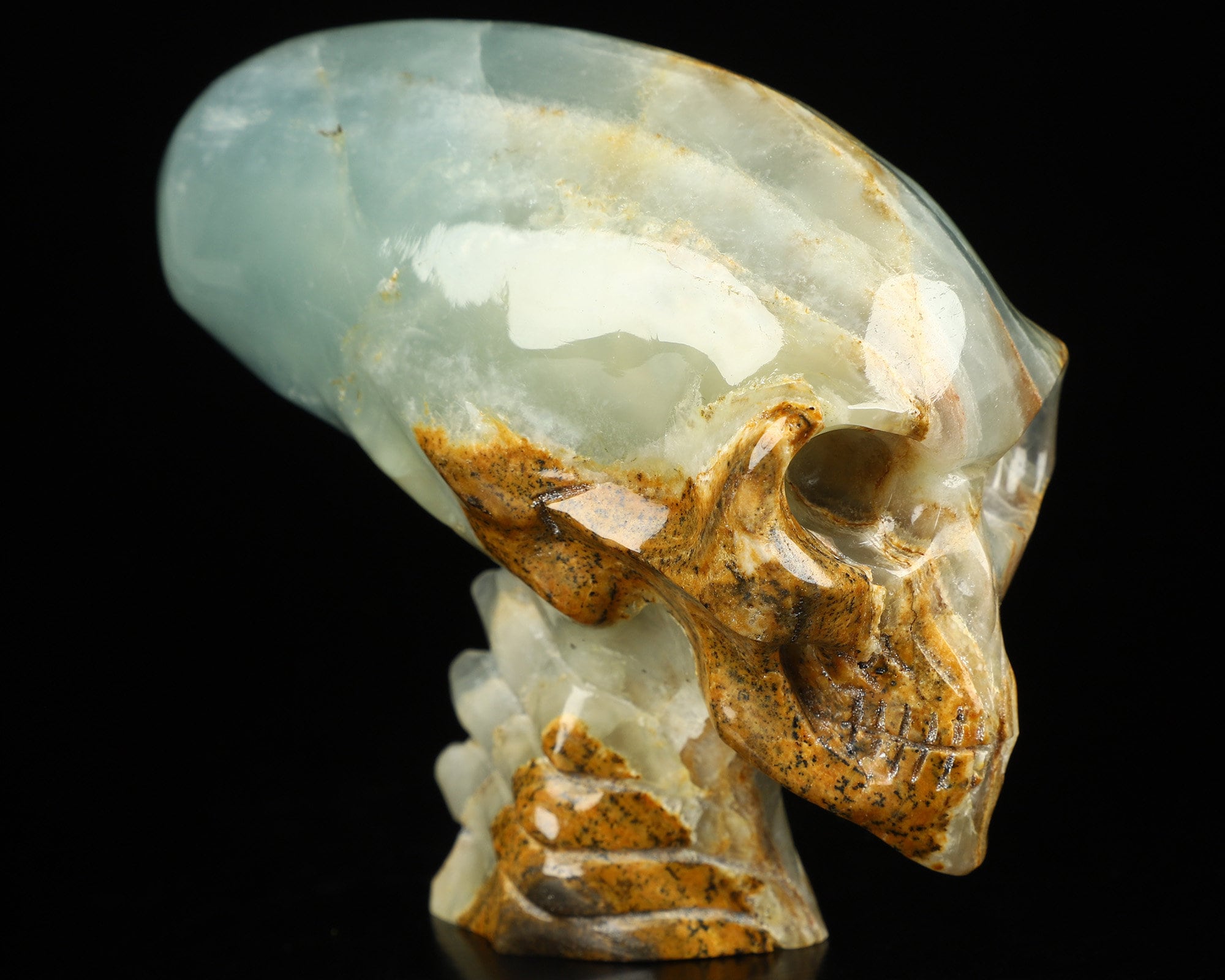 3.5" Blue onyx Hand Carved Crystal Elongated Mayan Alien Skull With ...