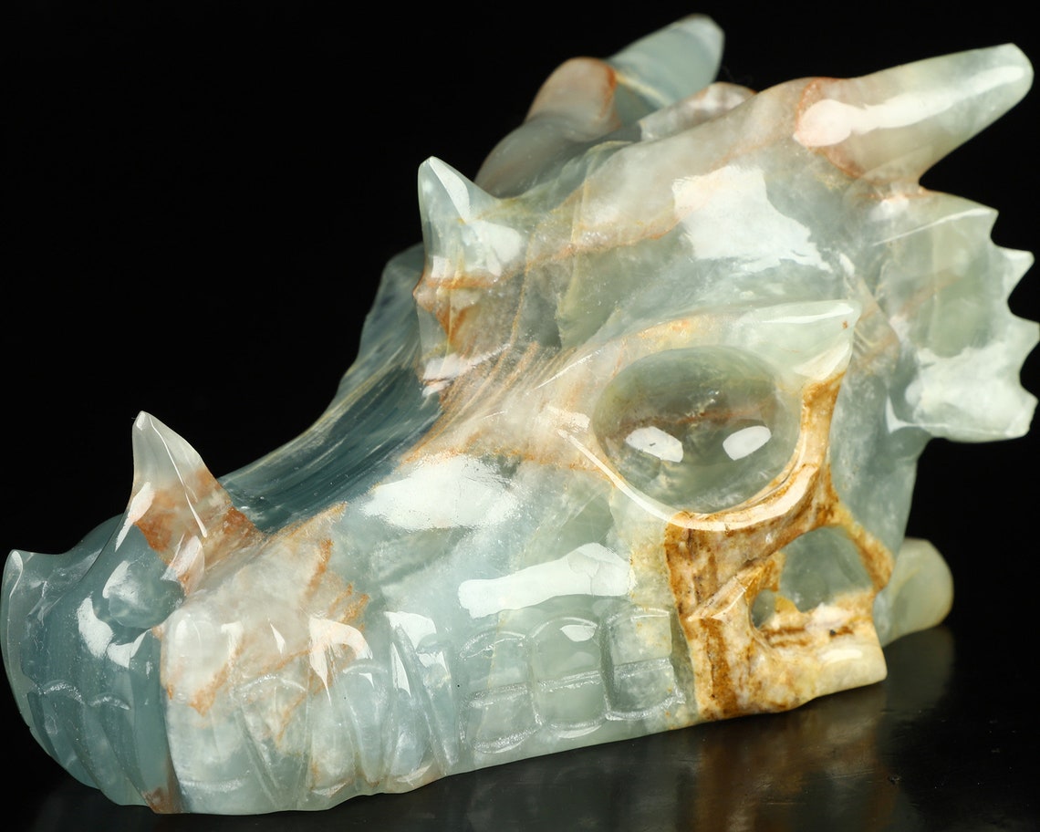 5.0" Blue onyx Hand Carved Crystal Dragon Skull Sculpture, Crystal ...