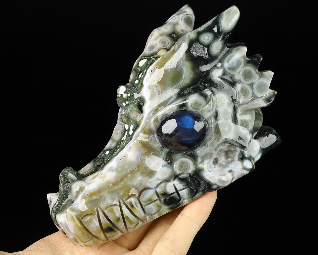 Skullis Dragon Skull, 5.0" Ocean Jasper Hand Carved Crystal Dragon ...