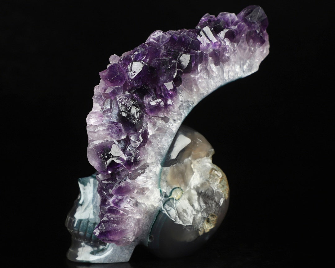 Skullis Crystal Skull, GEODE Huge 4.3" Amethyst & Agate Carved Crystal ...