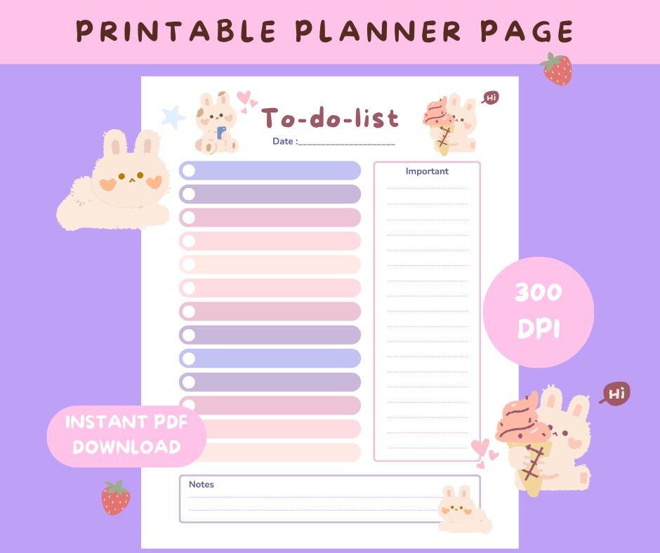 Kawaii Rabbit to Do List Planner Printable | Cute Checklist Page ...