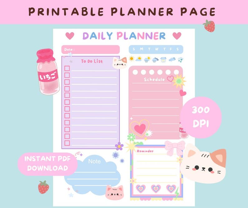 Kawaii Cats Daily Planner Printable | Everyday Calendar Agenda | Cute ...