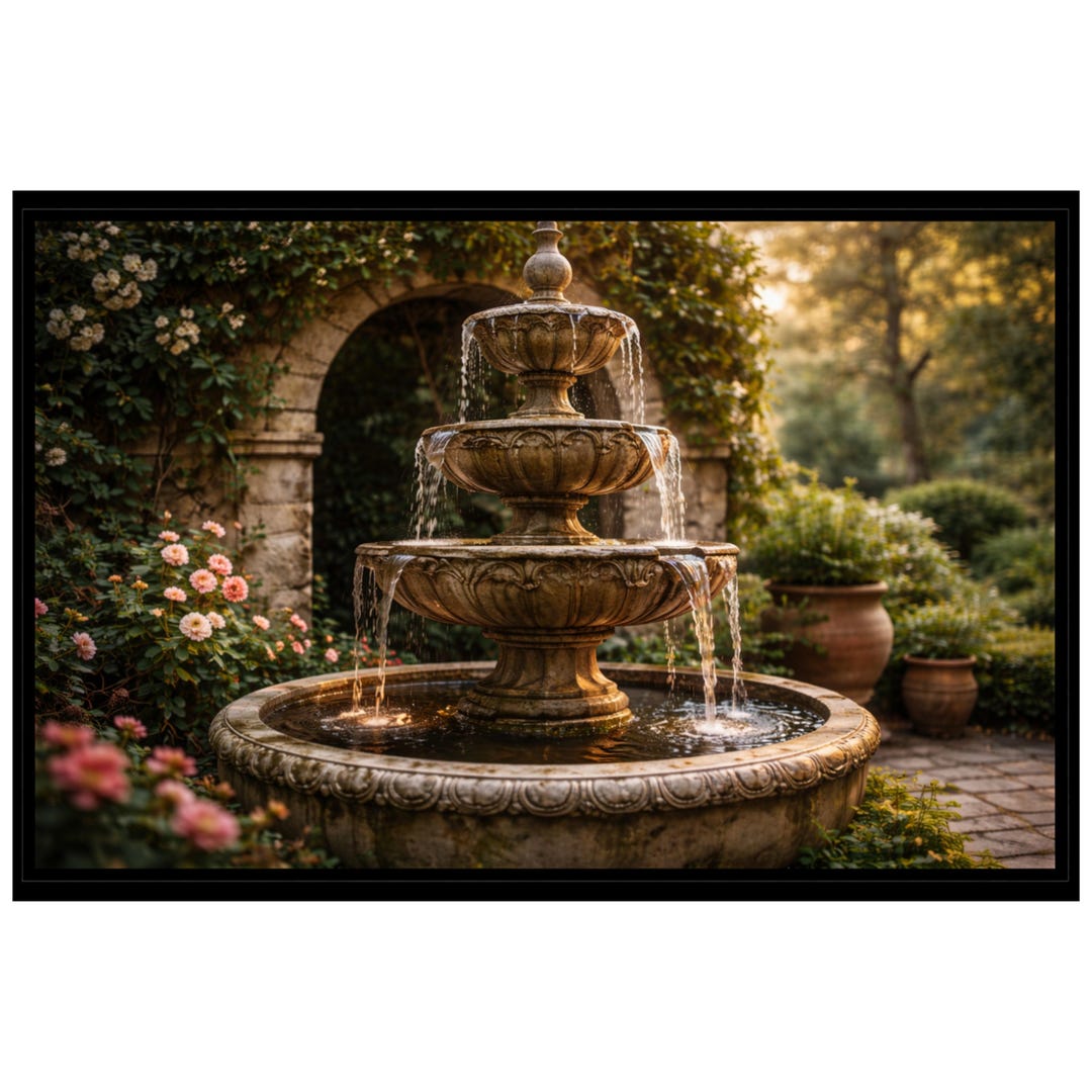 Mediterranean Garden Fountain Wall Art, Tiered Stone Fountain Print ...