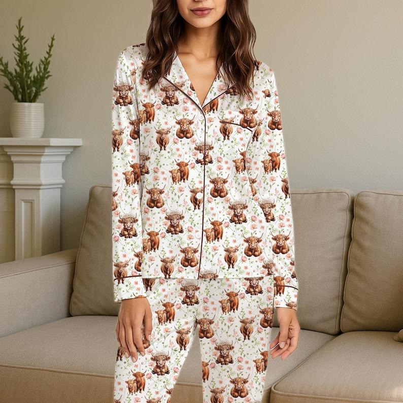 Highland Cow Pajama Set Women's Floral Print Satin Sleepwear - Etsy