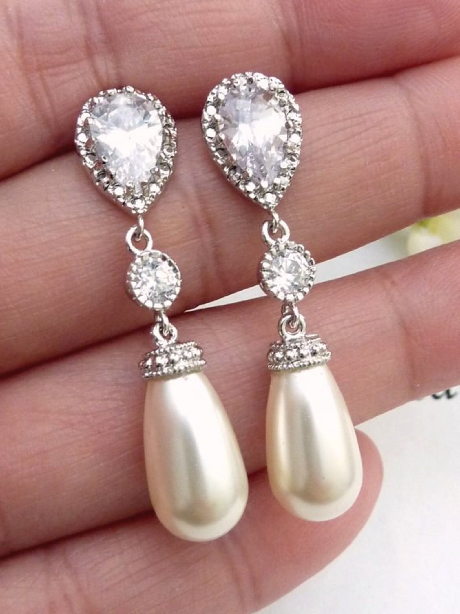 Cream Ivory Swarovski Teardrop Pearl With Round Cubic Zirconia - Etsy