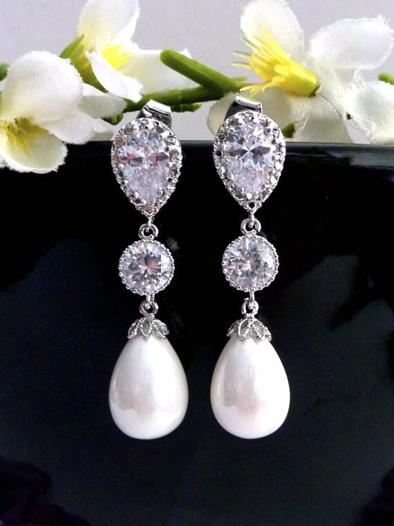 Wedding Earrings Bridal Earring White Teardrop Pearl Round CZ | Etsy