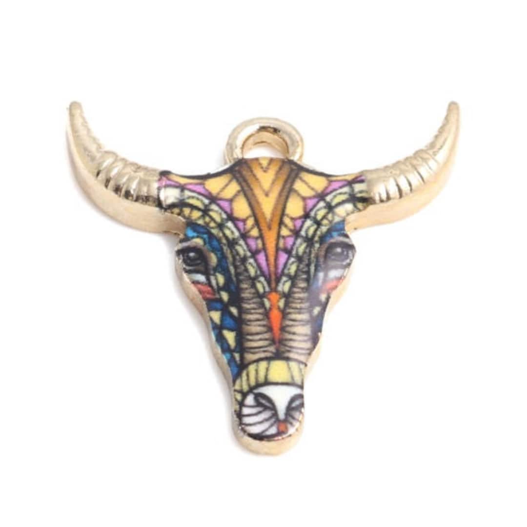 Enamel Cow Head Charm: Gold Plated, Patterned Bull Pendant - Etsy