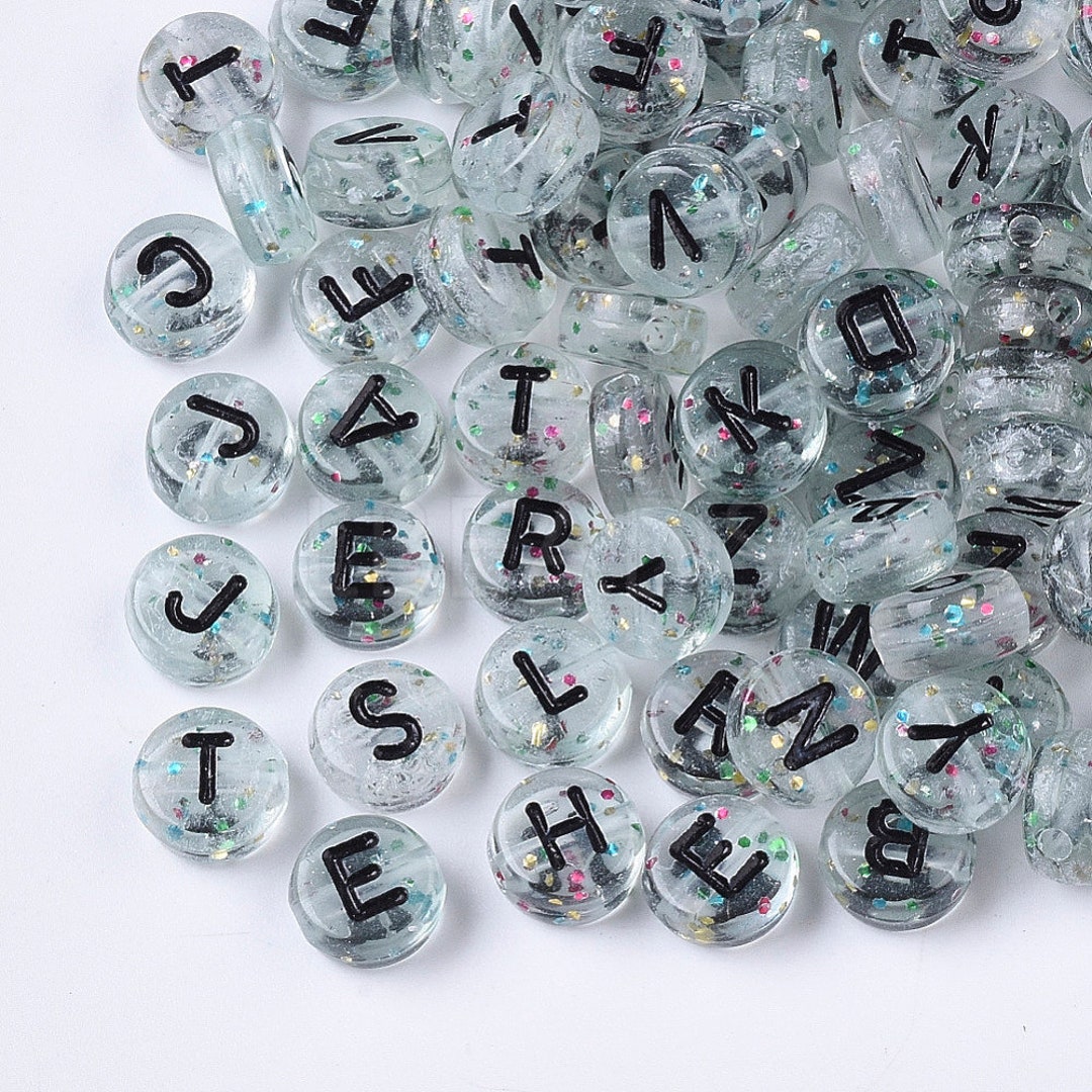 Alphabet Bead, Glitter Clear With Black Letter , 7mm Round Letter Beads ...