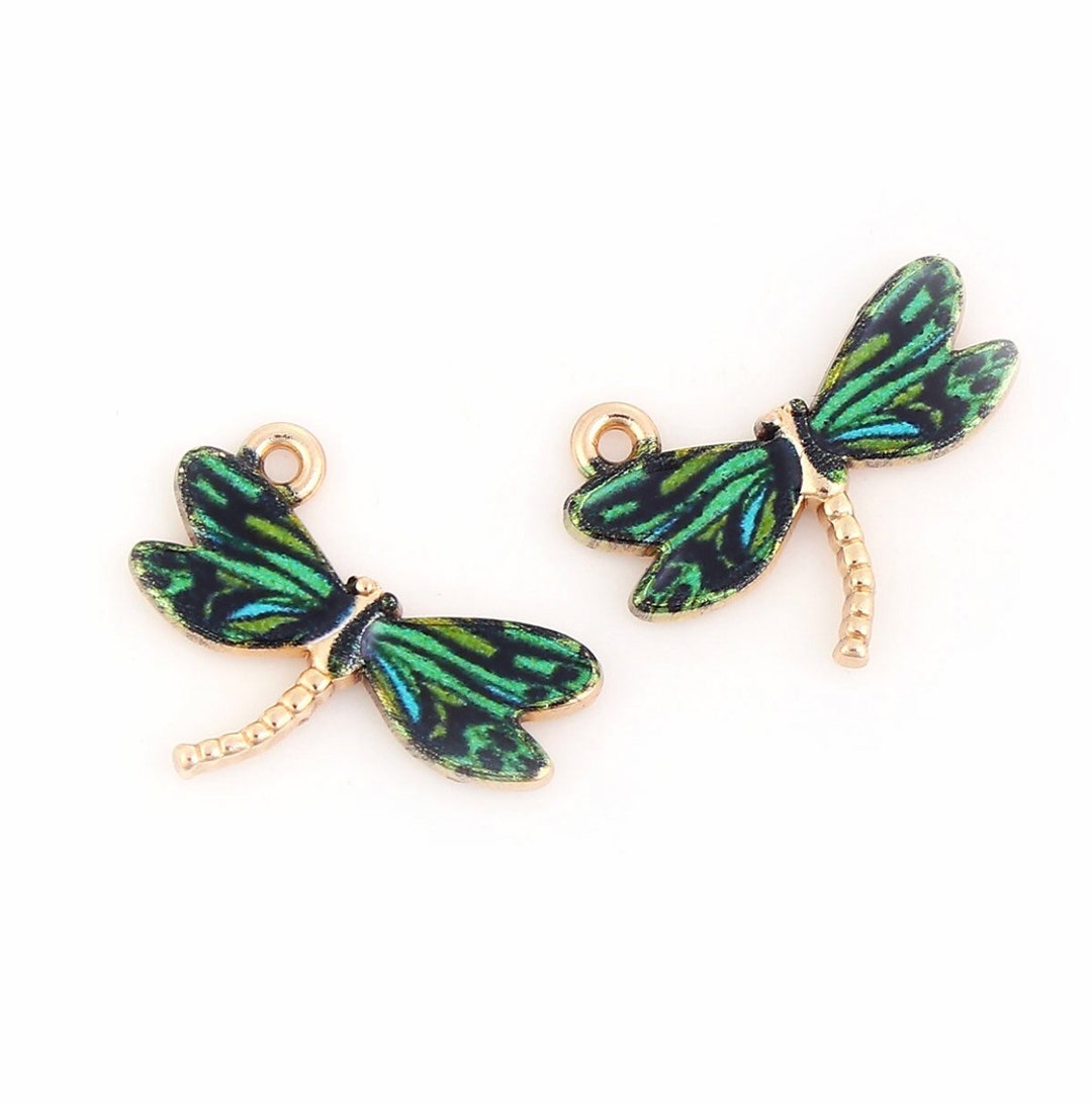 Dragonfly Charms, Green and Black Enamel Dragonflies With Gold Plated ...