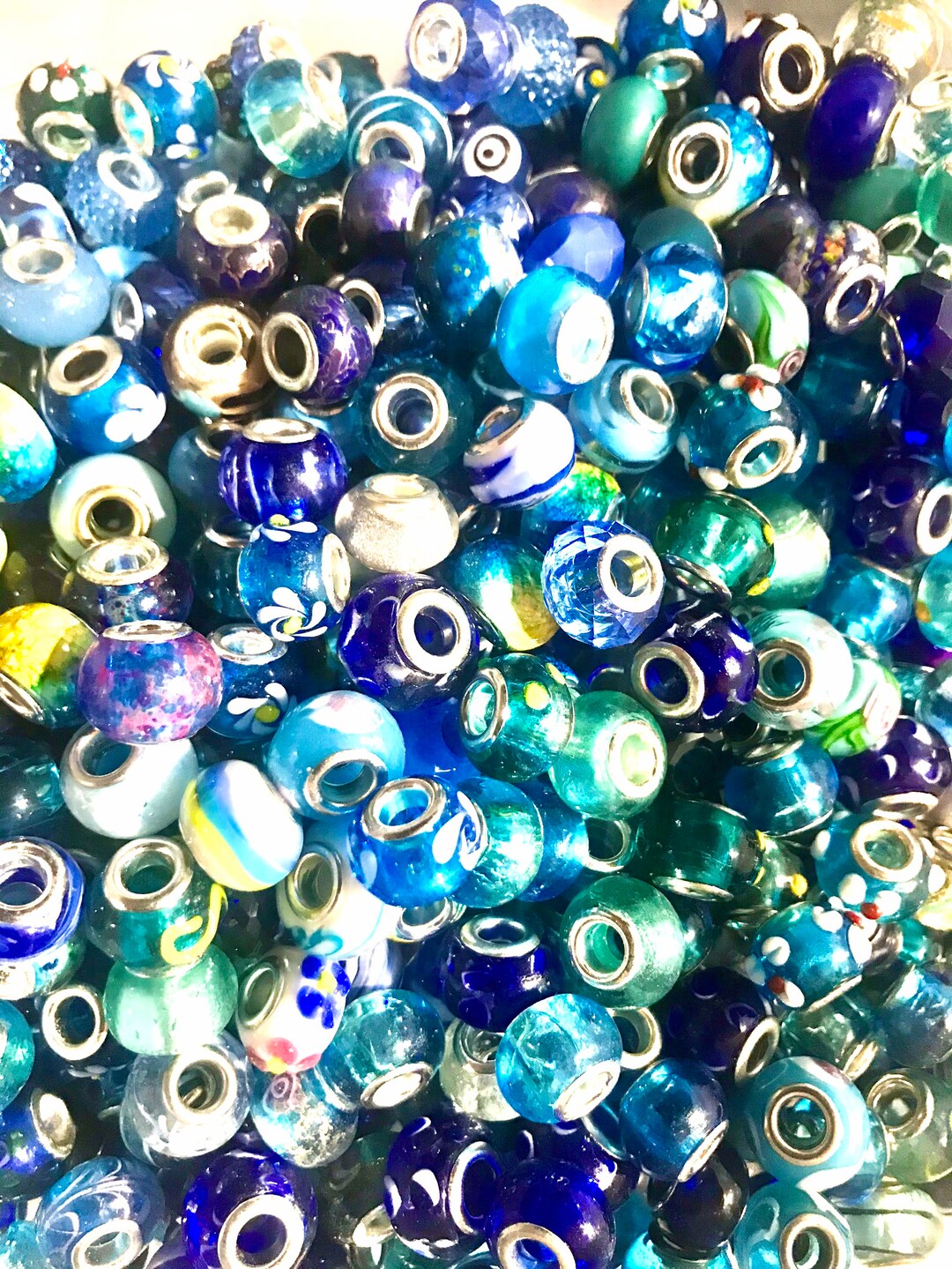 Glass European Beads, Bulk Euro Big Hole Beads, Assorted Blue Shades ...