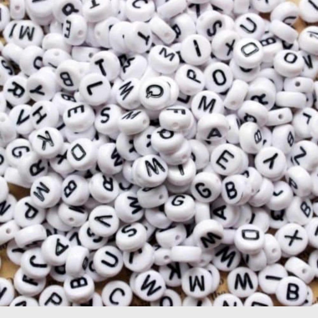 White Alphabet Beads, White and Black Letter Round Acrylic 7mm Initial ...