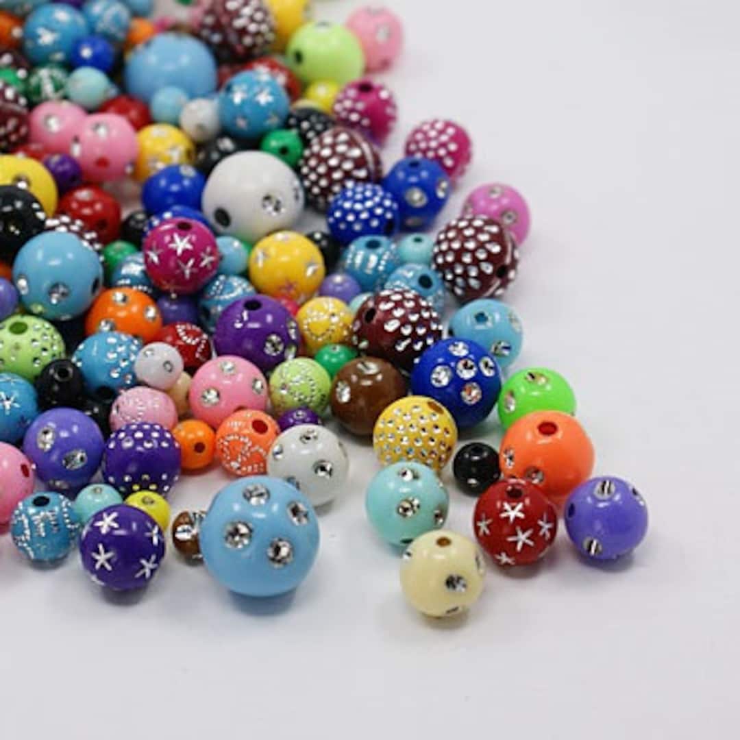 Round Acrylic Bead Mix, Assorted Styles Foil or Rhinestone Patterns in ...