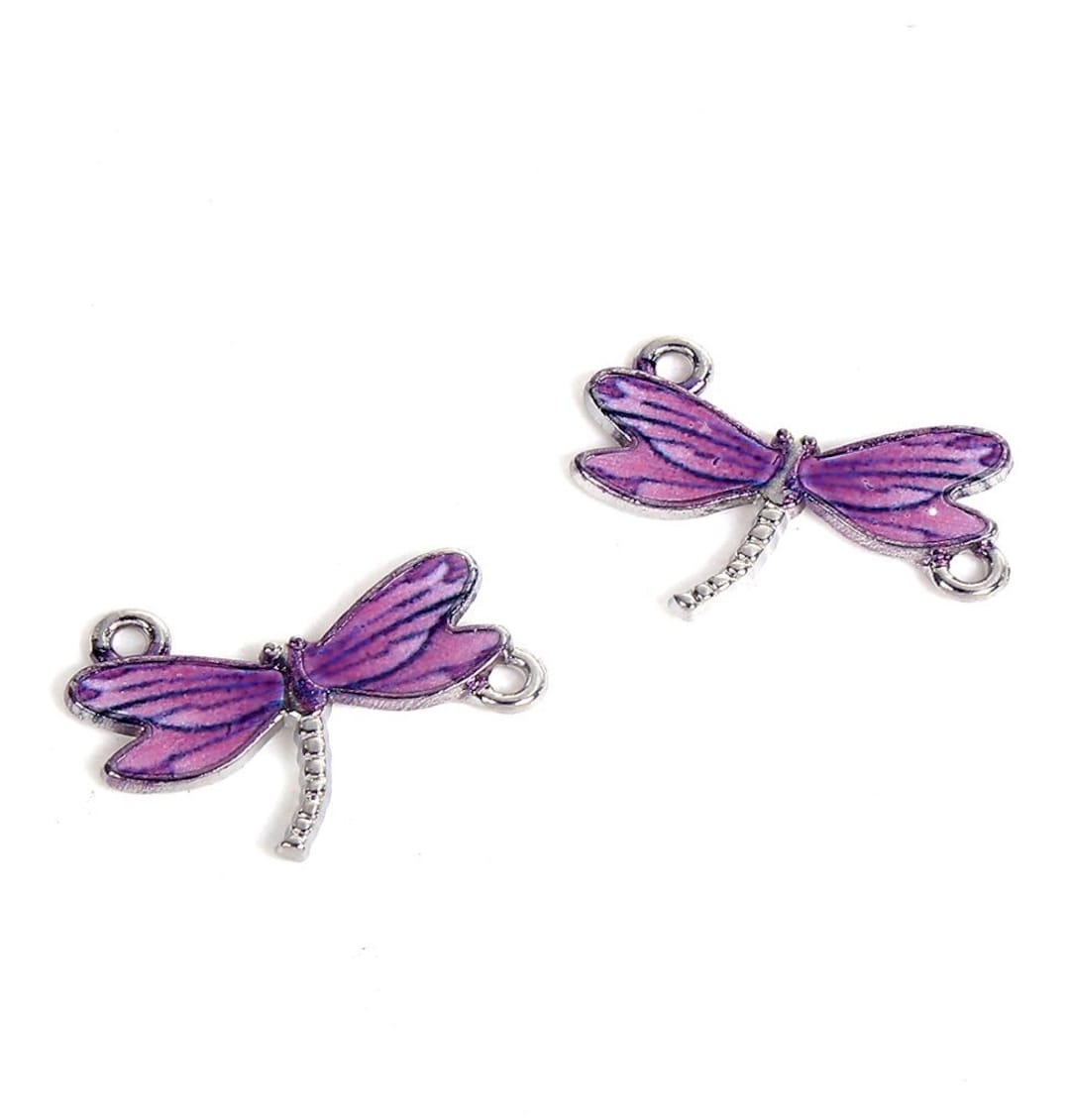 Dragonfly Connector Charm, Purple and Black Enamel Dragonflies With ...