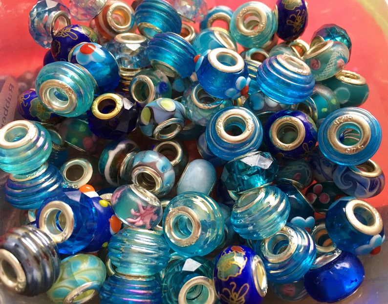 Blue European Glass Beads: Large Hole Assorted Mix - Etsy