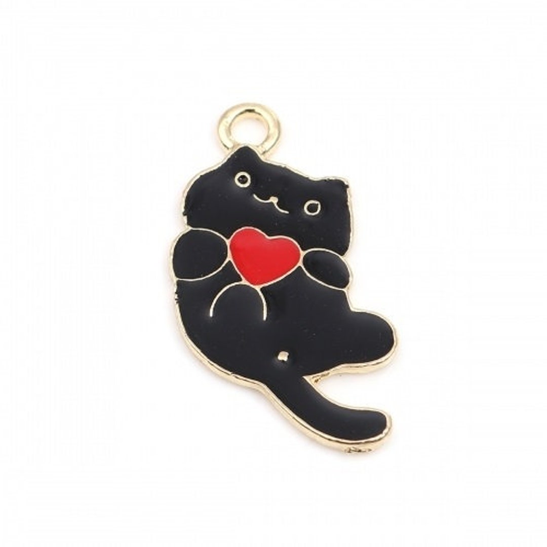 Black Cat Charm. Enamel Pendant Charm Cat With Heart - Etsy