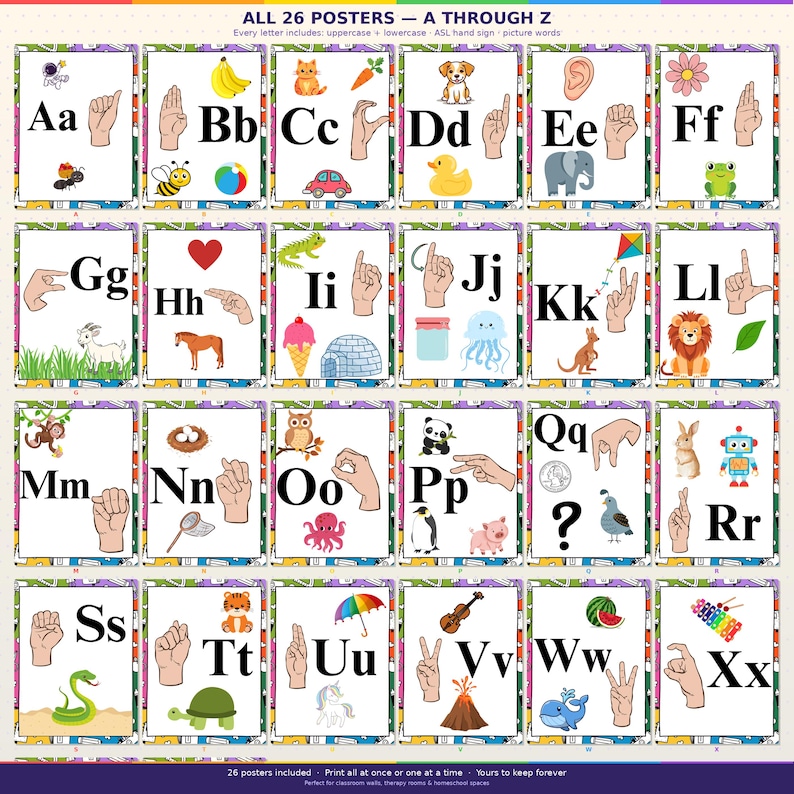 ASL Alphabet Posters Printable A to Z Sign Language Alphabet Wall ...