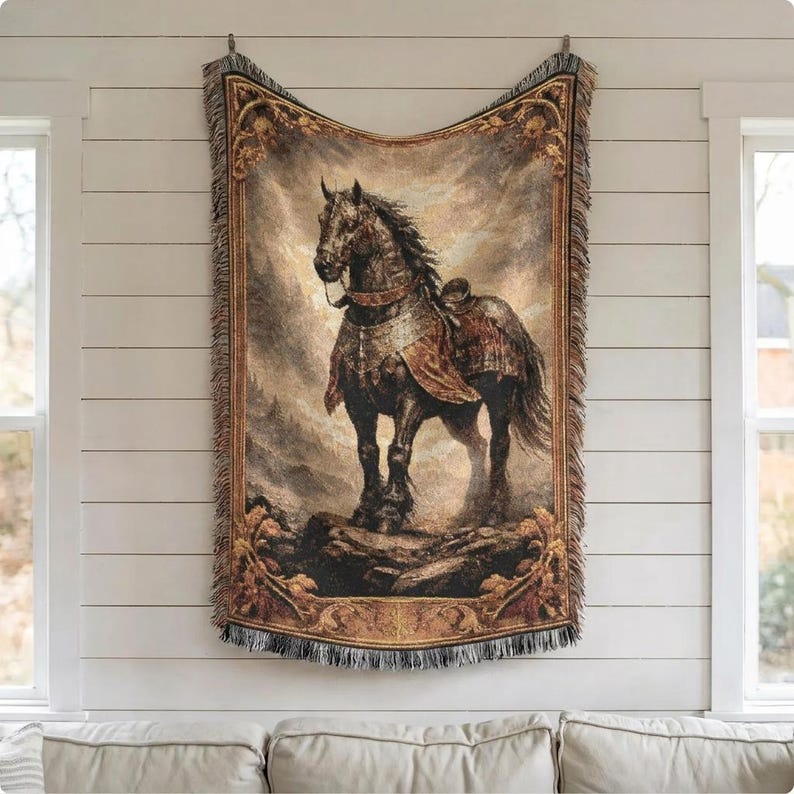 Medieval War Horse Armored Knight Steed Fleece Throw Blanket, Gothic ...