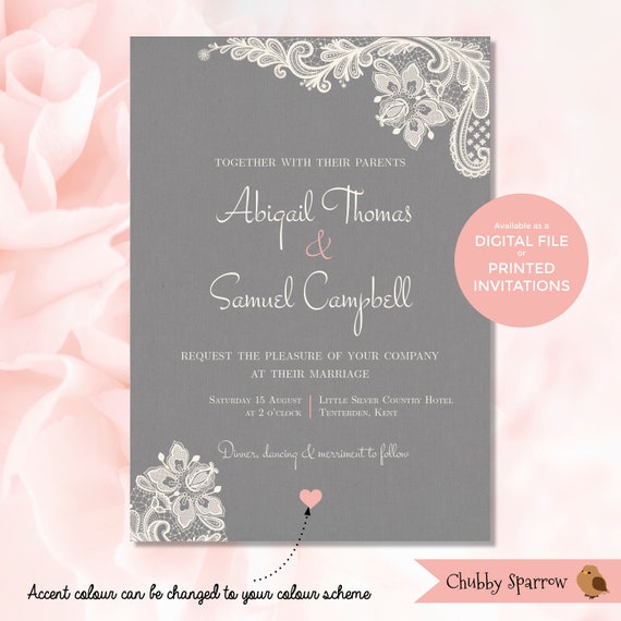 Grey Wedding Invitation Day Invite Lace & Linen Engagement | Etsy