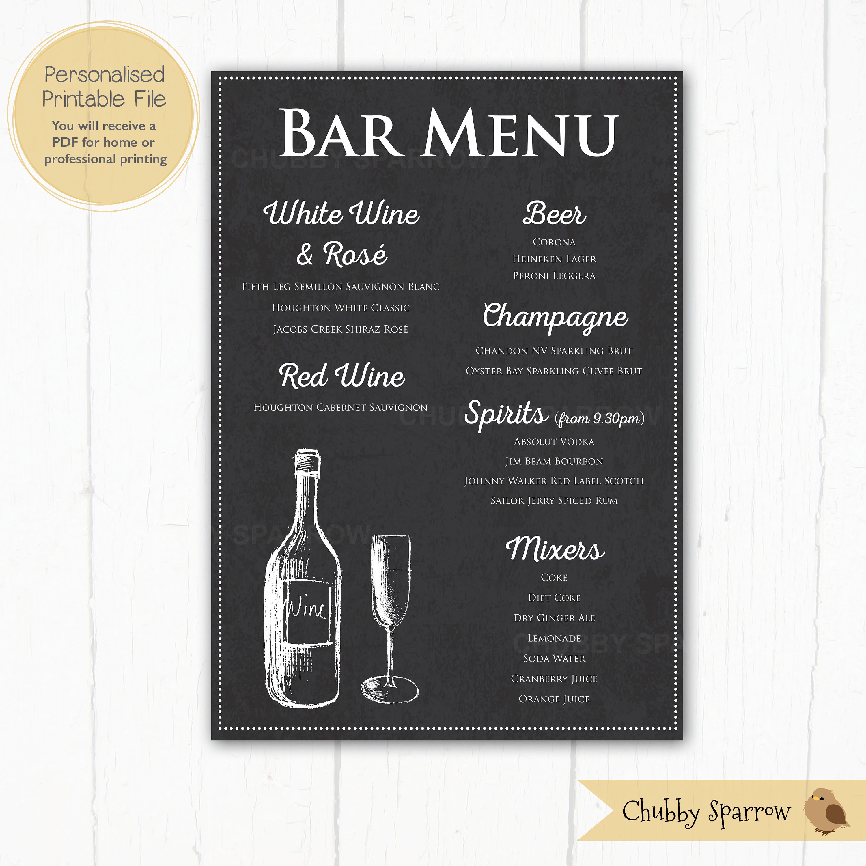 Bar Drinks Menu Price List Chalkboard Effect Sign Wedding Etsy