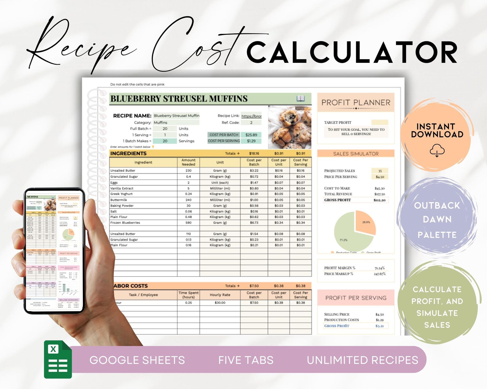 Bakery Cost Calculator Template, Recipe Profit Tracker for Cottage ...