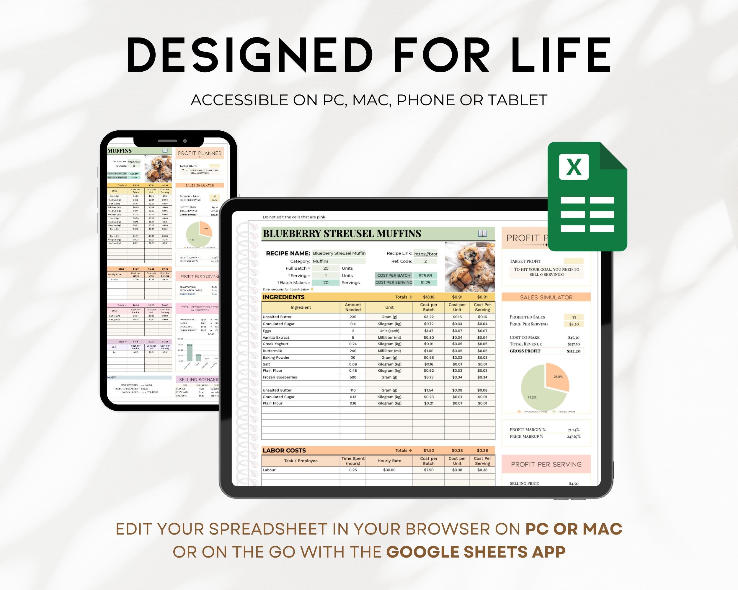 Bakery Cost Calculator Template, Recipe Profit Tracker for Cottage ...