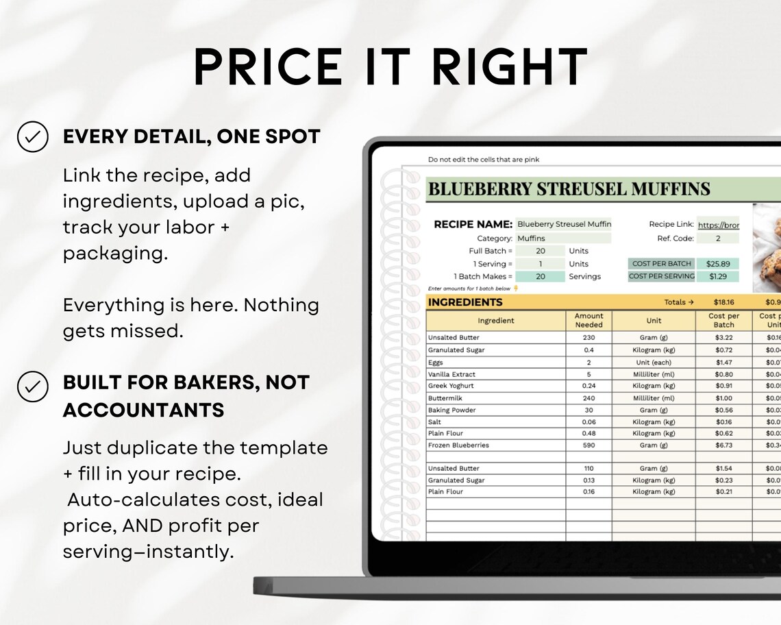 Bakery Cost Calculator Template, Recipe Profit Tracker for Cottage ...