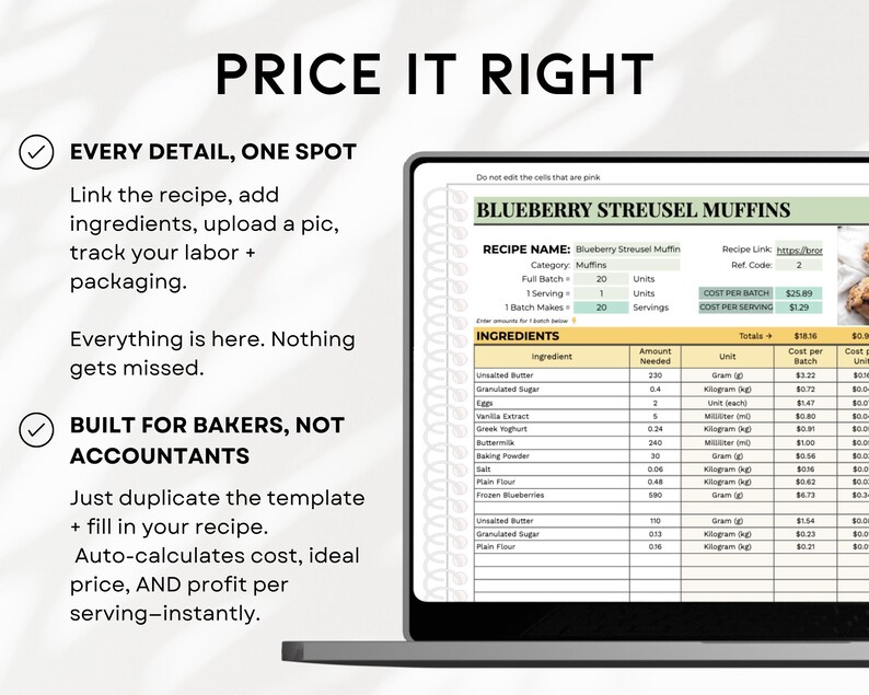 Bakery Cost Calculator Template, Recipe Profit Tracker for Cottage Bakers, Google Sheets Food ...