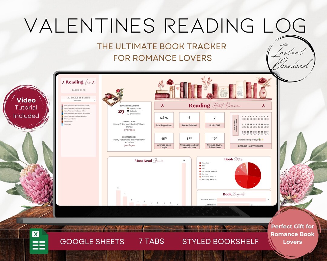 Ultimate Bookshelf Reading Log Spreadsheet | Romantic Valentines ...